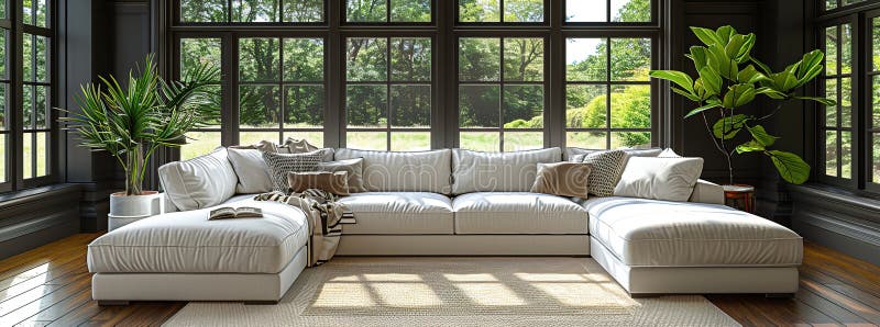 Modern Interior Design with Sectional Sofa and Large Windows Stock ...
