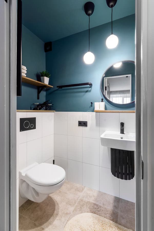 Modern Interior Design of a Small Bathroom. Blue Style Stock Photo ...