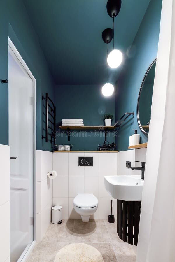 Modern Interior Design of a Small Bathroom. Blue Style Stock Image ...