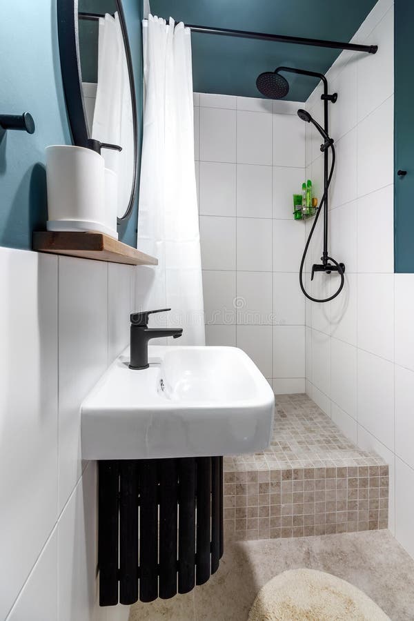Modern Interior Design of a Small Bathroom. Blue Style Stock Photo ...