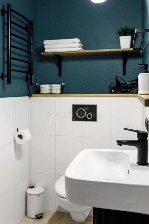 Modern Interior Design of a Small Bathroom. Blue Style Stock Photo ...