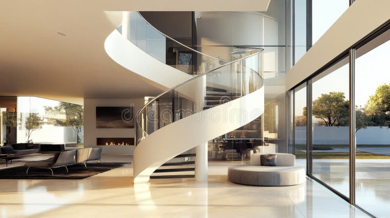 Modern Interior Design with a Spiral Staircase and Large Windows Stock ...