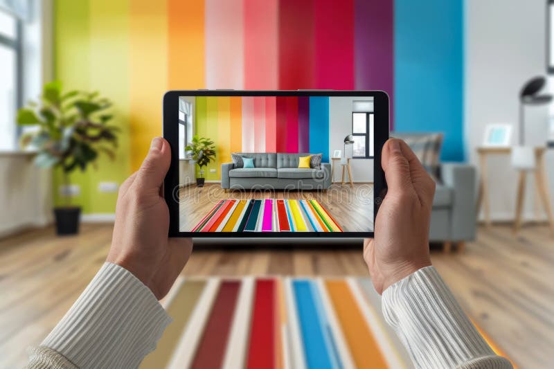 Modern Interior Design through Tablet Screen. Generative Ai Stock ...