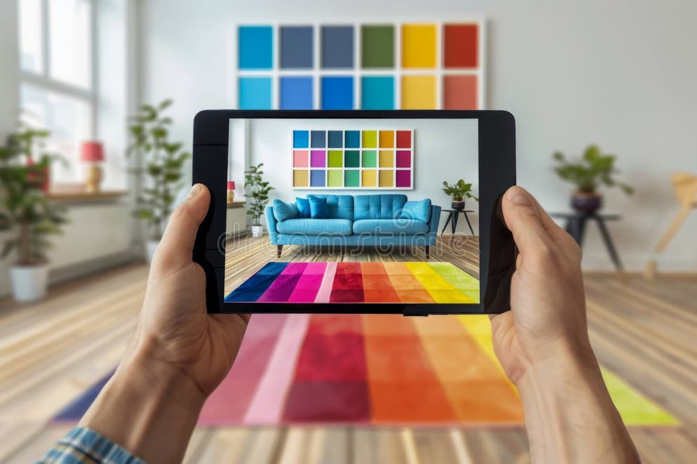 Modern Interior Design through Tablet Screen. Generative Ai Stock ...