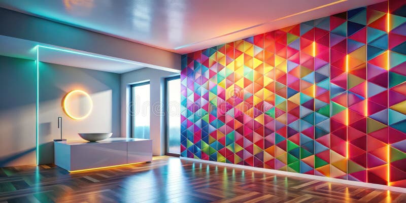 Modern Interior Design with Vibrant Geometric Wall and Neon Accents ...