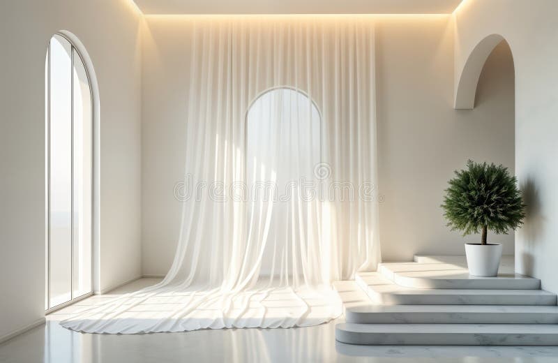 Modern Interior Design with White Veil Fabric Drapes, Arch Window. Soft ...
