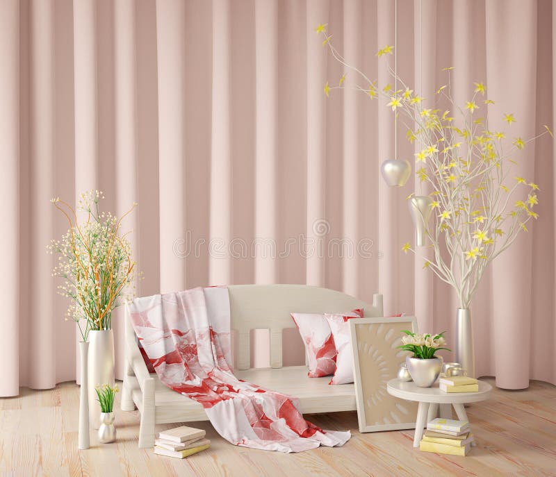 Modern Interior Design with Wooden Bench and Pink Curtain and Coffee ...