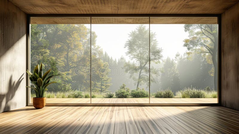Modern Interior Design with Wooden Floor, Large Window, and Nature View ...