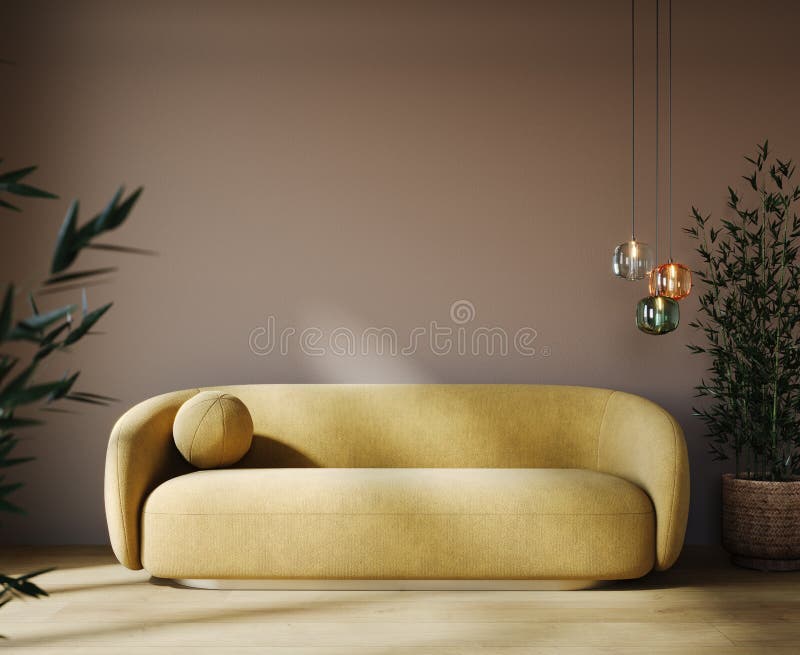 Modern Interior Design with Yellow Sofa and Brown Empty Mock Up Wall ...