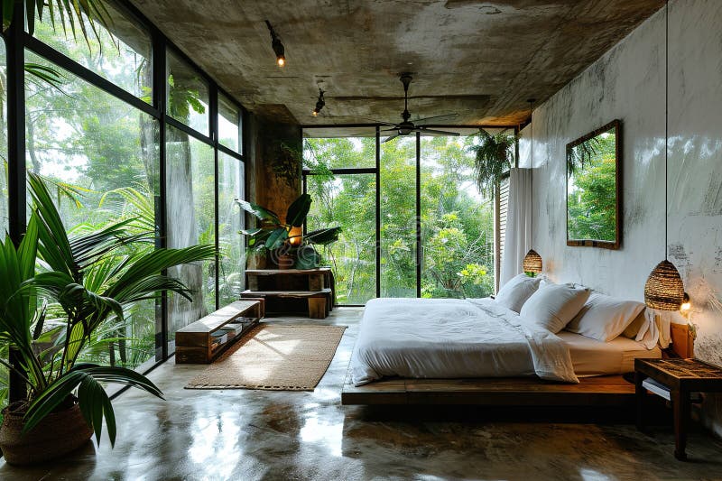 Modern Interior of an Eco-friendly Hotel Room with Large Windows in a ...
