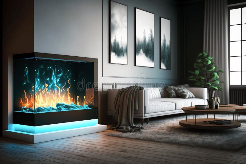 Modern Interior with Electric Fireplace. Artificial Fireplace with ...