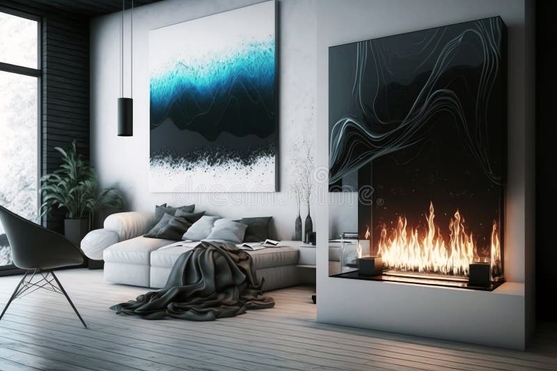 Modern Interior with Electric Fireplace. Artificial Fireplace with ...