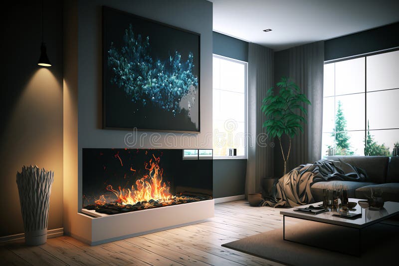 Modern Interior with Electric Fireplace. Artificial Fireplace with ...