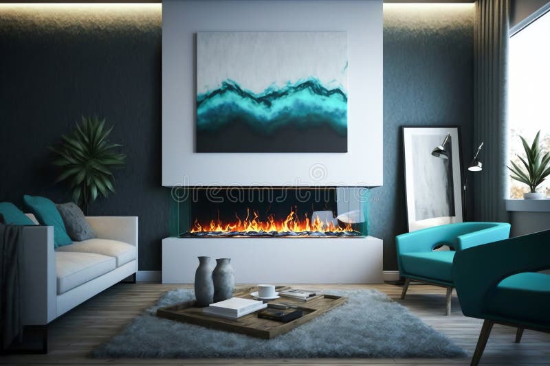 Modern Interior with Electric Fireplace. Artificial Fireplace with ...