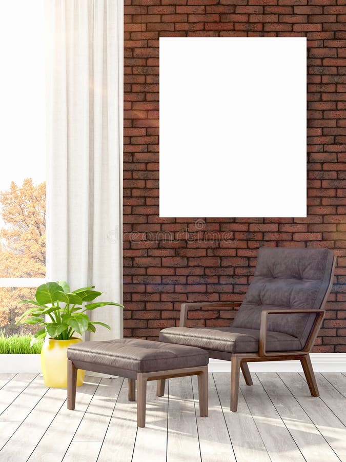 Modern Interior with Empty Frame . 3D Rendering Stock Illustration - Illustration of home, frame ...