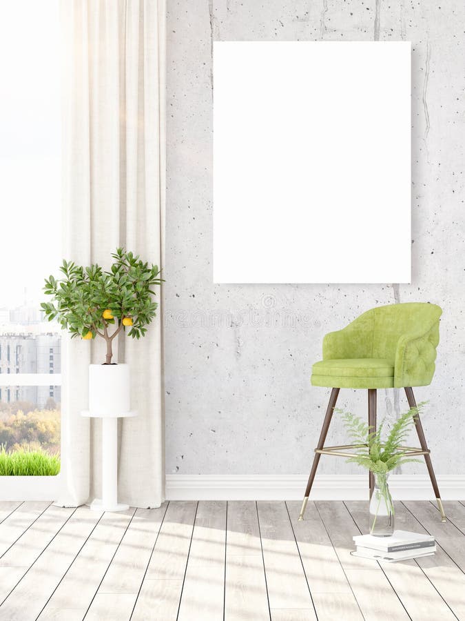 Modern Interior with Empty Frame . 3D Rendering Stock Illustration - Illustration of comfort ...