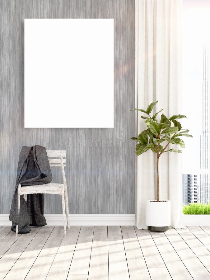 Modern Interior with Empty Frame . 3D Rendering Stock Illustration - Illustration of creative ...