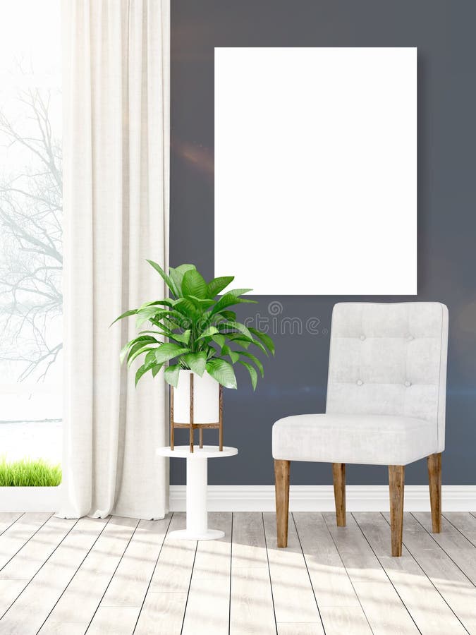 Modern Interior with Empty Frame . 3D Rendering Stock Illustration - Illustration of board ...