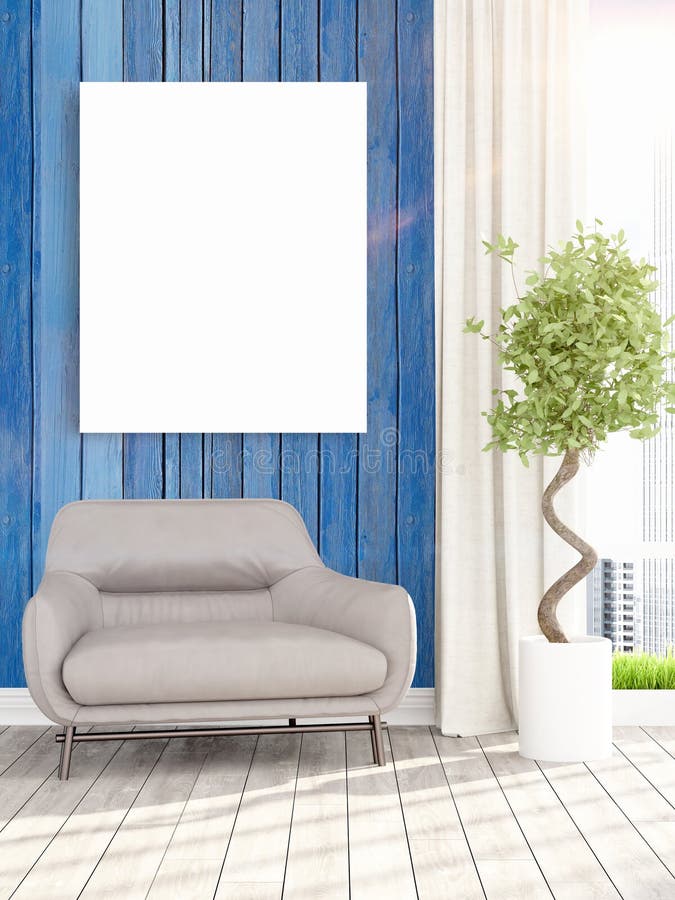 Modern Interior with Empty Frame . 3D Rendering Stock Illustration - Illustration of house ...