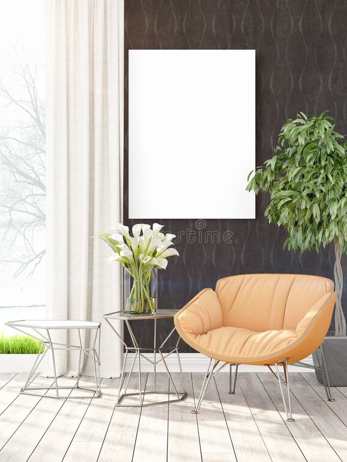 Modern Interior with Empty Frame . 3D Rendering Stock Illustration - Illustration of inside ...