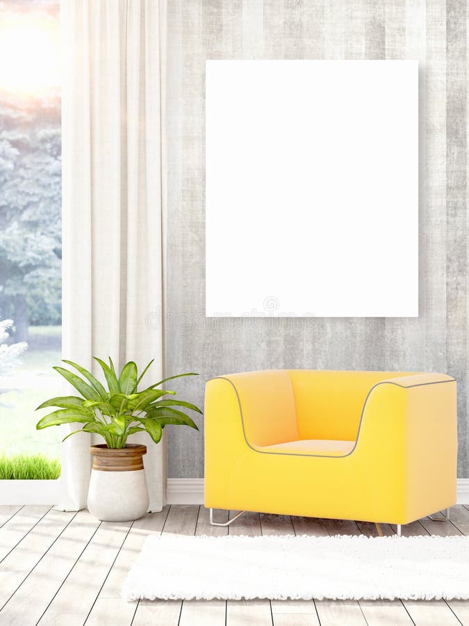 Modern Interior with Empty Frame . 3D Rendering Stock Illustration - Illustration of paper ...