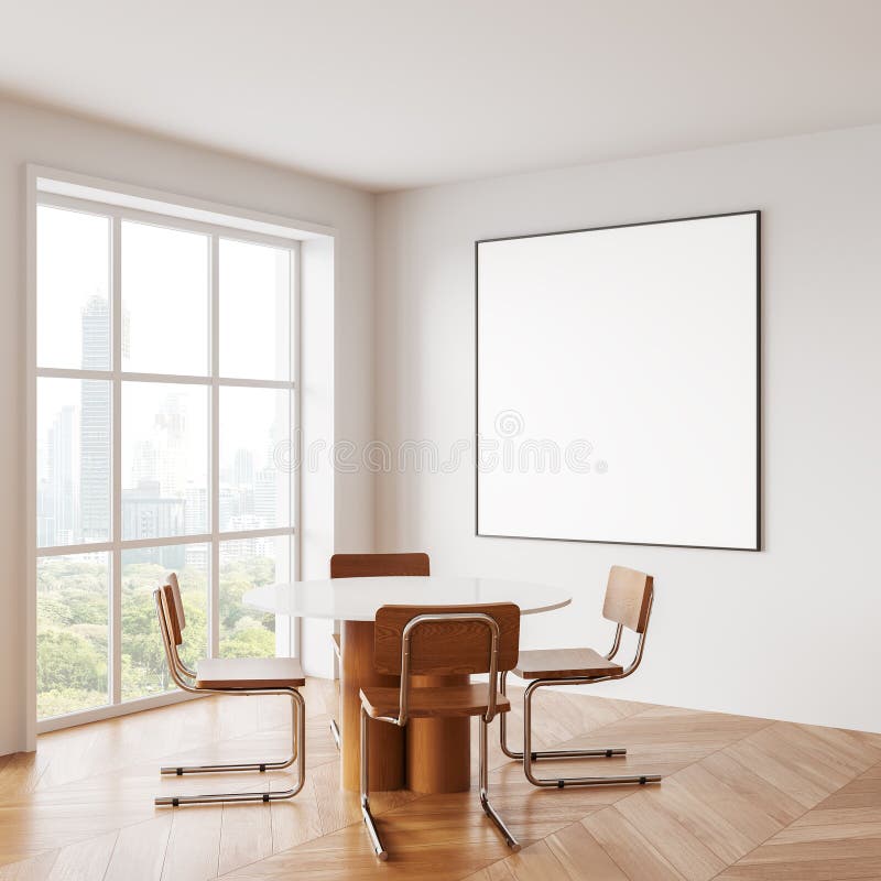 Modern Interior with Empty Poster Frame on Wall and Round Table with ...
