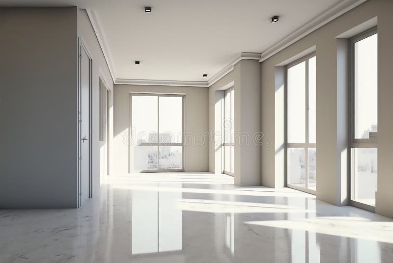 The Modern Interior of an Empty White Living Room with Large Windows ...