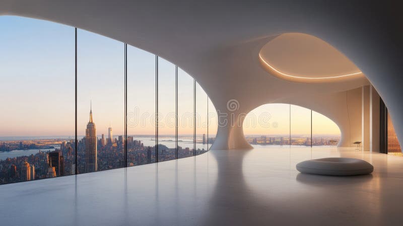 Modern Interior with Expansive Windows Showcasing a City Skyline at ...