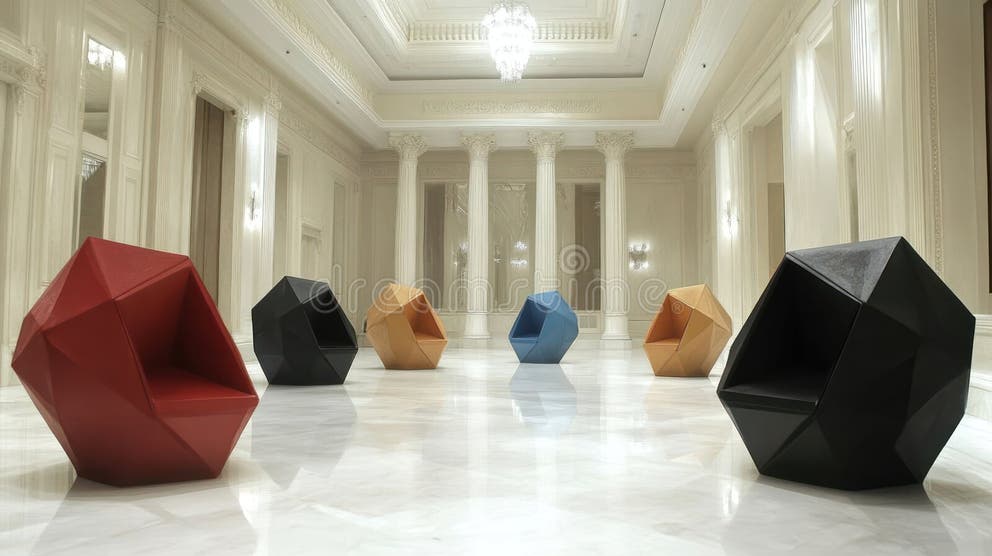 A Modern Interior Featuring Geometric Chairs in Various Colors Arranged ...