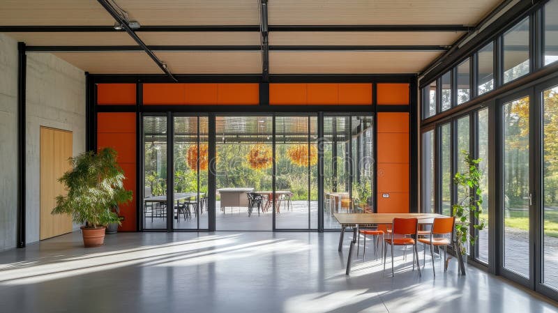 Modern Interior Featuring Large Windows, Orange Accents, and a Dining ...
