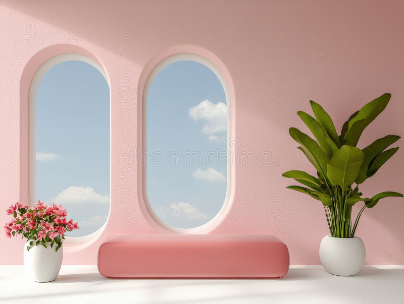 Modern Interior Featuring Pink Wall, Two Oval Windows, Pink Bench, and ...
