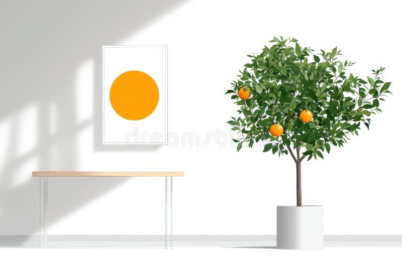 Modern Interior Featuring Potted Orange Tree, Minimalist Decor, and ...