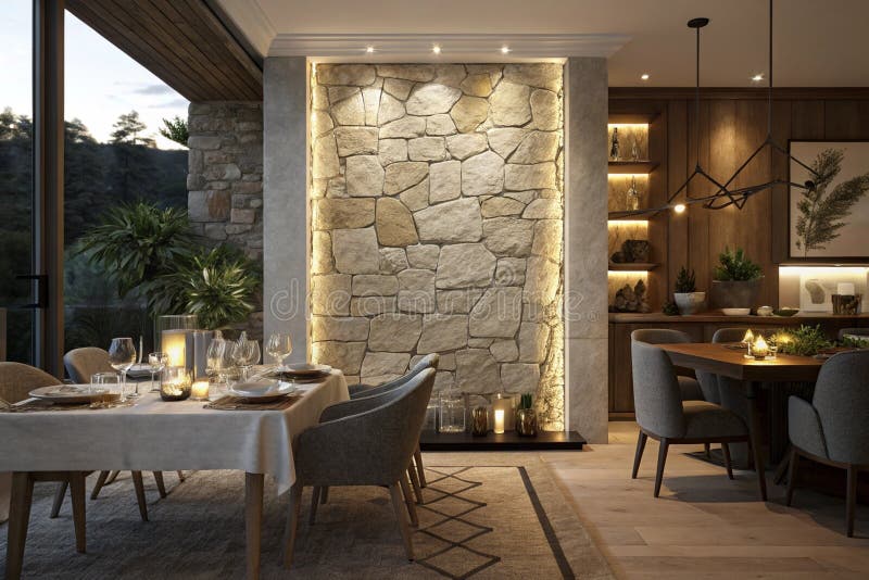 Interior with Stone Panel and Dinner Table Stock Illustration ...
