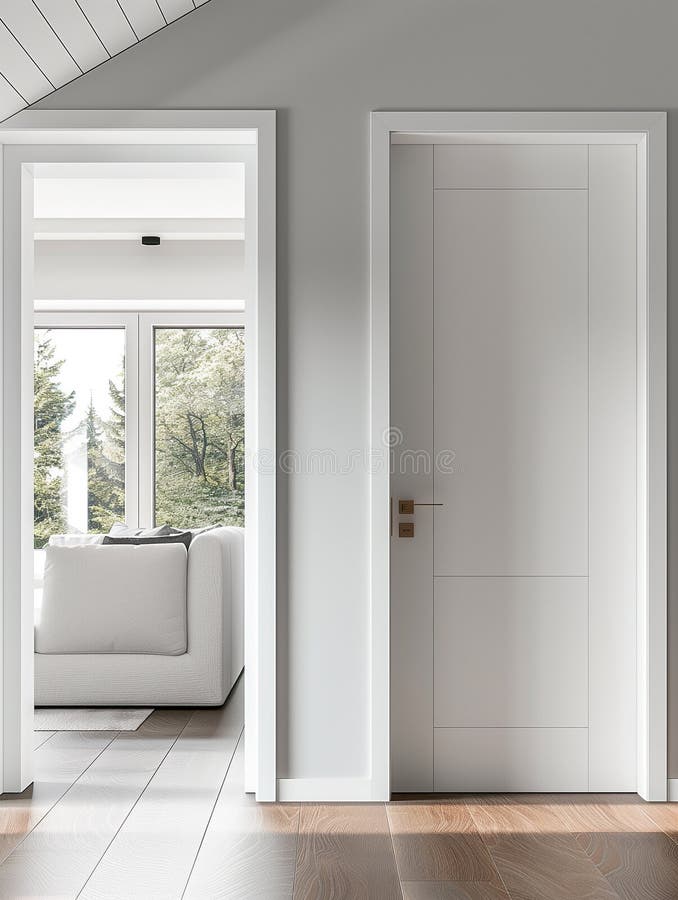 A Modern Interior Featuring White Doors, a Cozy Sofa, and a Woven Rug ...