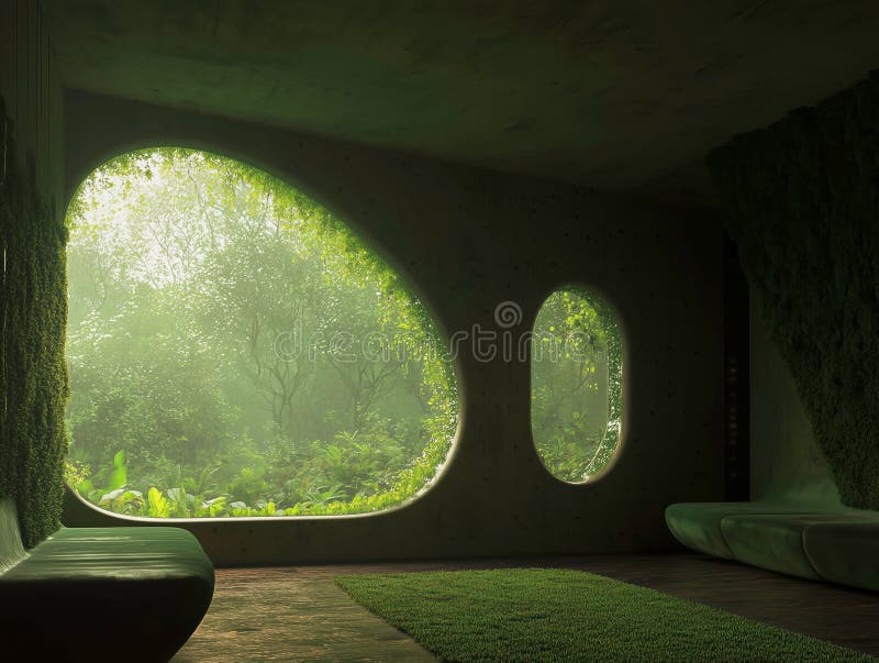 Modern Interior with Forest View and Natural Light Stock Illustration ...