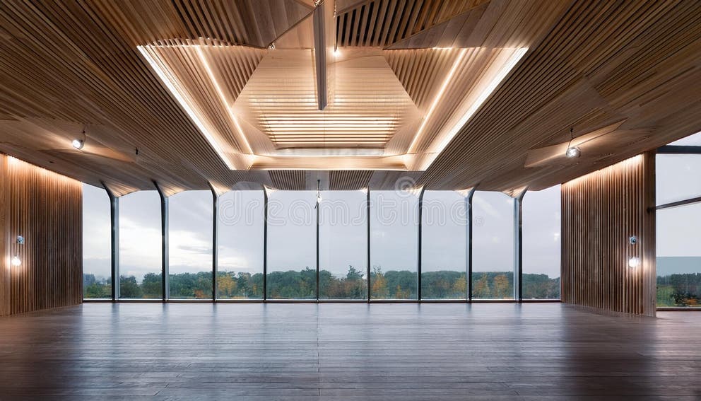 Modern Interior with Geometric Ceiling and Lighting Design. 3D ...