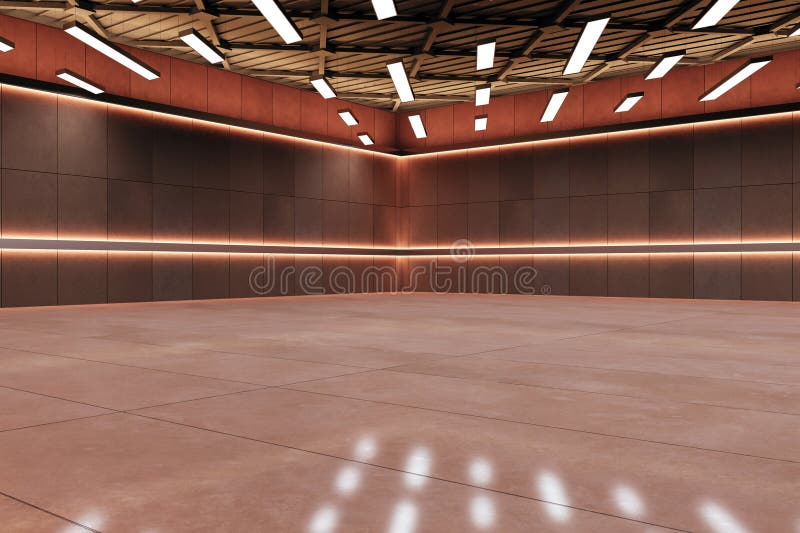 Modern Interior with Geometric Ceiling and Lighting Design. 3D ...