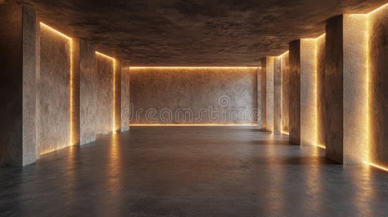 Modern Interior with Golden Lighting and Concrete Walls Stock ...