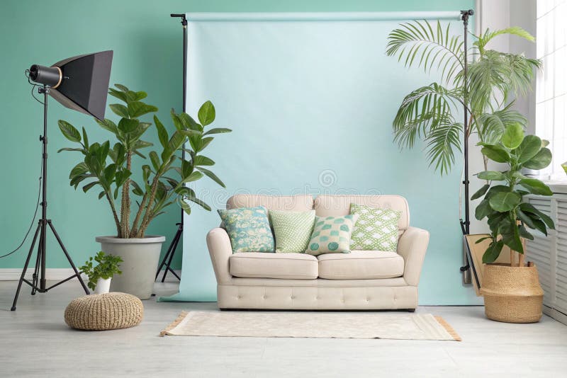 Creative Green Studio with Plant Pot and Sofa Stock Illustration ...