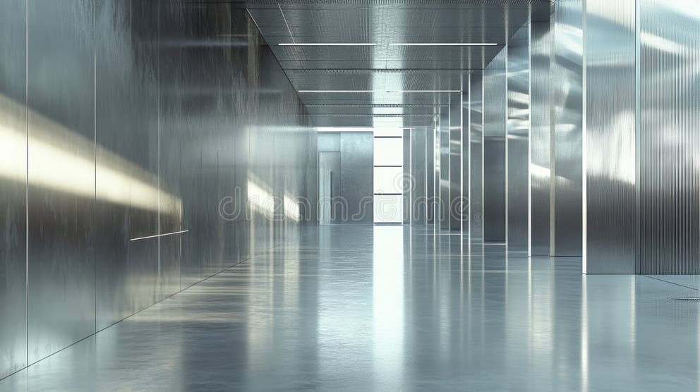 Modern Interior Hallway with Reflective Metallic Surfaces and Lighting ...