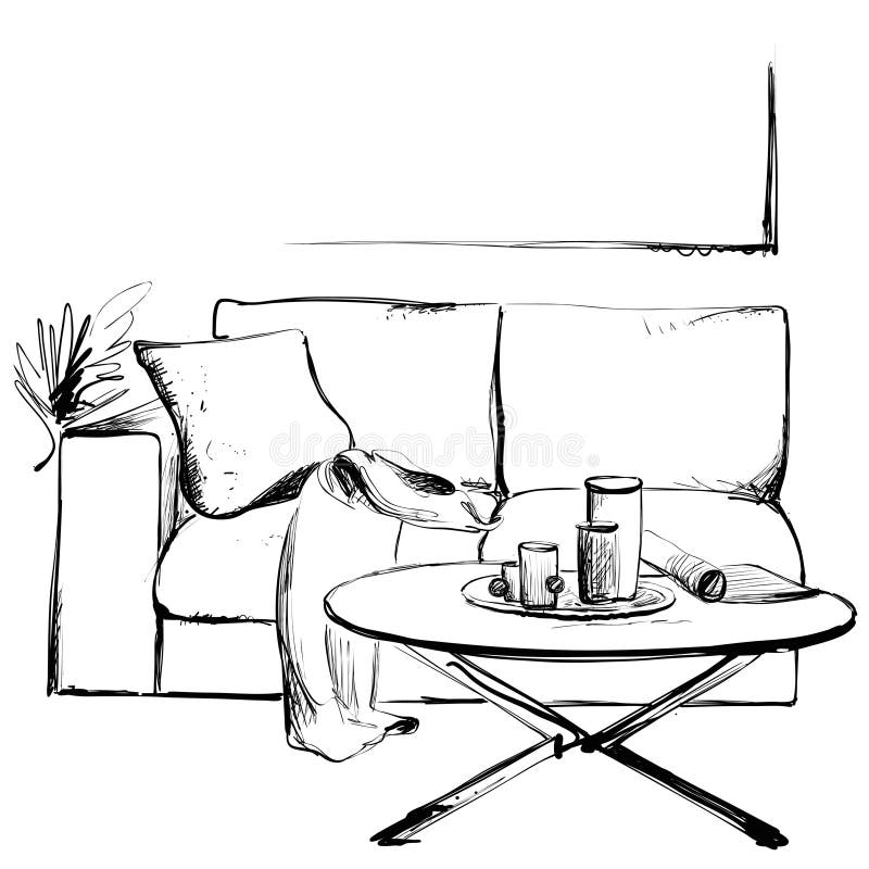 Modern Interior Hand Drawing Illustration. Sofa and Table Sketch Stock ...