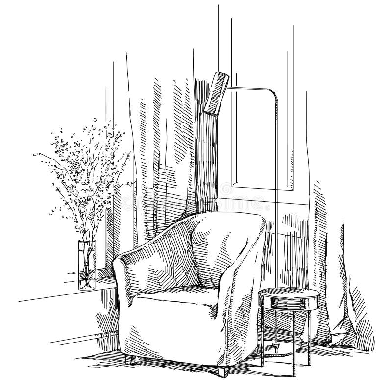 Modern Interior Hand Drawing Vector. Stock Vector - Illustration of ...