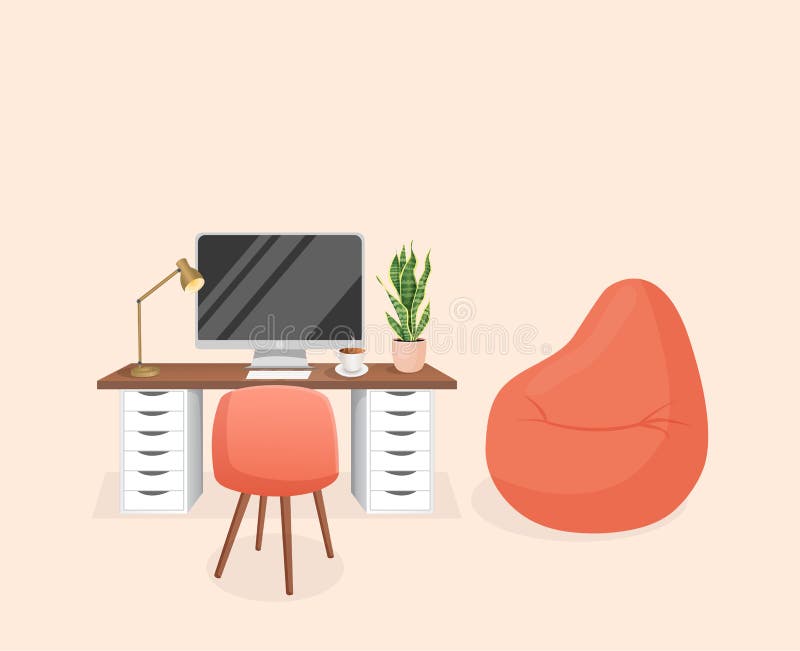 Modern Interior for Home Office with Computer, Cabinet, Remote Work ...