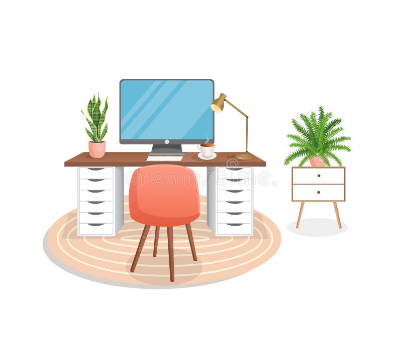 Modern Interior for Home Office with Computer, Cabinet, Remote Work ...