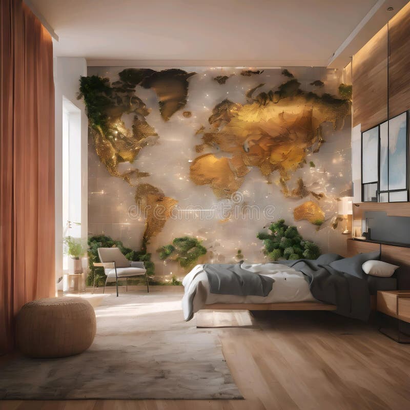 Modern Interior House with Map on the Wall Stock Illustration ...