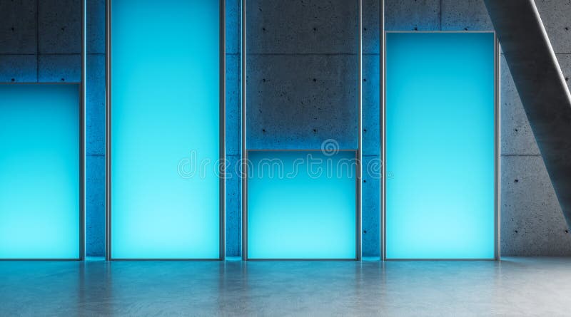 Modern Interior with Illuminated Blue Light Panels on Concrete Wall and ...