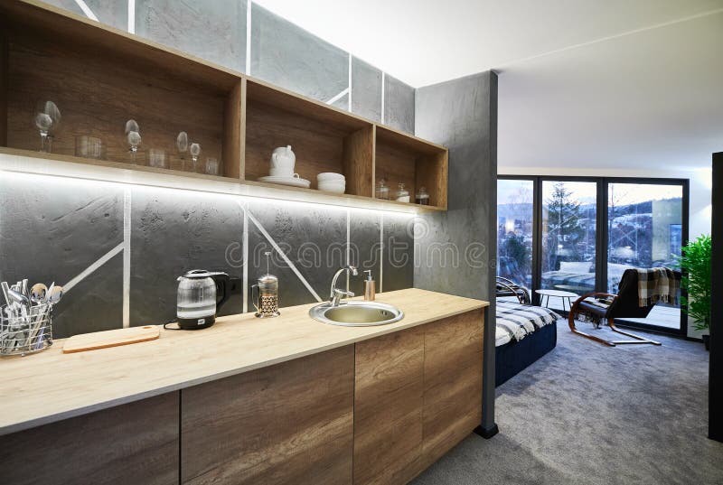 Modern Interior of Kitchen Area with Panoramic Window on Background ...