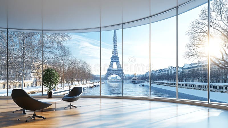 Modern Interior with Large Curved Windows Offering a Stunning Winter ...