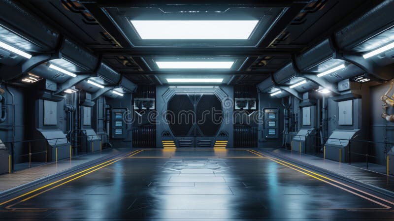 Modern Interior of Large Spaceship, Dark Room with Led Light in Future ...