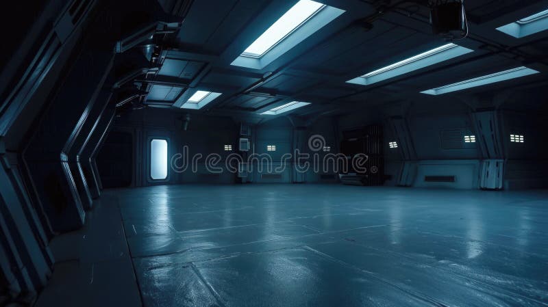 Modern Interior of Large Spaceship or Futuristic Base, Dark Room with ...